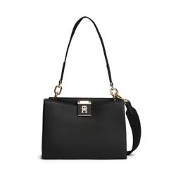 Satchel Tommy Hilfiger "TH HER MED SATCHEL", Damen, Gr. B/H/T: 24,5cm x 18,5cm x 12cm, schwarz, Lederimitat, Taschen, Damen Handtasche, Tragetasche, Umhängetasche mit TH- Steckverschluss