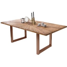Esstisch Sit, braun (natur, antikbraun, antikbraun, natur), B:180cm H:75cm T:100cm, Platte recyceltes Teak, Gestell Metall, Tische, trendiges Kufen-Gestell