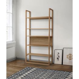 Bücherregal WOODMAN "New Est", braun (eichefarben), B:90cm H:185cm T:32cm, Furnier, MDF, Massivholz, Regale, im skandinavischen Design, Gestell aus massiver Eiche, FSC