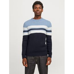 Jack & Jones Rundhalspullover JACK & JONES "JJSANDER KNIT CREW NECK", Herren, Gr. M, blau (mountain spring detail:blocking), Strick, Obermaterial: 74% Polyacryl, 26% Baumwolle, gestreift, normal, Rundhals, Rippbündchen, Pullover