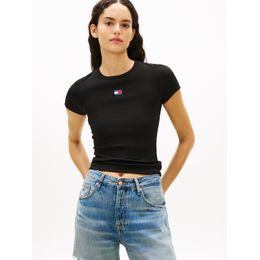 Kurzarmshirt Tommy Jeans "TJW SLIM BADGE RIB TEE", Damen, Gr. L (40), schwarz, Single Jersey, Obermaterial: 95% Baumwolle, 5% Elasthan, unifarben, slim fit kurz, Rundhals, abgesteppt, Shirts, mit gerippter Struktur