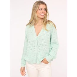 Strickjacke Zwillingsherz ""Lochstrick Uni"", Damen, Gr. S/M, gr&uuml;n (mint), Strick, Obermaterial: 60% Viskose, 40% Baumwolle, h&uuml;ftbedeckend, V-Ausschnitt, Strickjacken Strickjacke, Lochstrick-Muster, Langarm, Kn&ouml;pfe, V-Ausschnitt, Baumwollanteil