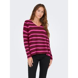 Strickpullover Only "ONLAMALIO LIFE LS V-NECK KNT", Damen, Gr. S, cabernet stripes:knockout pink, Strick, Obermaterial: 100% Polyester, gestreift, oversize, V-Ausschnitt, Pullover Strickpullover