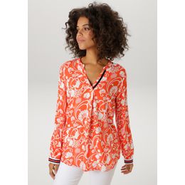 Schlupfbluse Aniston CASUAL, Damen, Gr. 42, rot, wei&szlig;, schwarz, Web, Obermaterial: 100% Viskose, bedruckt, gebl&uuml;mt, l&auml;ssig geschnitten Po-bedeckend, V-Ausschnitt, 1-Knopf-Manschette, Blusen Schlupfbluse, mit fantasievollem, grafischen Blumendruck - NEUE KOLLEKTION
