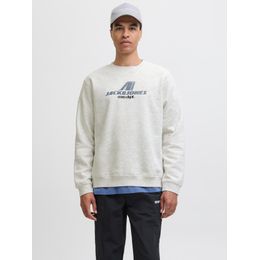 Jack & Jones Sweatshirt JACK & JONES "JCOTIER PRINT SWEAT CREW NECK", Herren, Gr. L, weiß (weiß melange), angeraute Sweatware, Obermaterial: 70% Baumwolle, 30% Polyester, meliert, relaxed fit normal, Rundhals, Rippbündchen, Sweatshirts