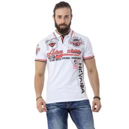 Cipo & Baxx Poloshirt CIPO & BAXX, Herren, Gr. L, wei&szlig;, Single Jersey, Obermaterial: 95% Baumwolle, 5% Elasthan, bedruckt, slim fit h&uuml;ftlang, Rundhals, Shirts
