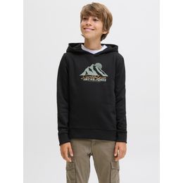 Jack & Jones Kapuzensweatshirt JACK & JONES JUNIOR "JJSUN SWEAT HOOD JNR", Jungen, Gr. 128, schwarz, angeraute Sweatware, Obermaterial: 60% Baumwolle, 40% Polyester, bedruckt, regular fit normal, Rippb&uuml;ndchen, Sweatshirts