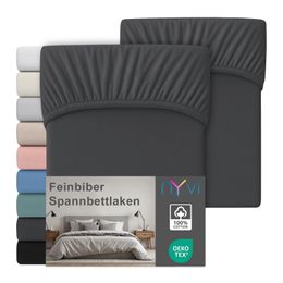 NYVI Feinbiber Spannbettlaken Deluxe f&uuml;r Matratzen bis 25 cm Stegh&ouml;he - Extra Warm & Weich, 100% Baumwolle, B&uuml;gelfrei, Vorgekrumpft Farbe:Anthrazit;Gr&ouml;&szlig;e:140x200 cm (2er Set)
