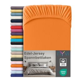 NYVI Edel Jersey Spannbettlaken Deluxe für Matratzen bis 25 cm Steghöhe - 100% Baumwolle supergekämmt, 140g/m², Rundumgummizug Größe:140-160 x 200 cm;Farbe:Orange