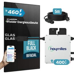 SUNNIVA&reg; 460W Balkonkraftwerk BIFAZIAL FULLBLACK komplett Steckdose HOYMILES 400 Watt Wechselrichter, PV Solaranlage Komplettset, 1x 460W N-Type Glas-Glas Bifacial Solarmodule, 5m Kabel