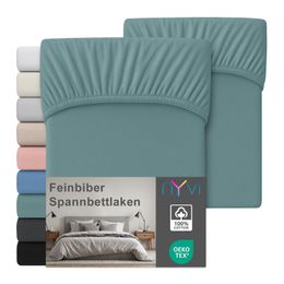 NYVI Feinbiber Spannbettlaken Deluxe f&uuml;r Matratzen bis 25 cm Stegh&ouml;he - Extra Warm & Weich, 100% Baumwolle, B&uuml;gelfrei, Vorgekrumpft Farbe:Lindgr&uuml;n;Gr&ouml;&szlig;e:90x200 cm (2er Set)