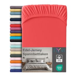 NYVI Edel Jersey Spannbettlaken Deluxe f&uuml;r Matratzen bis 25 cm Stegh&ouml;he - 100% Baumwolle supergek&auml;mmt, 140g/m&sup2;, Rundumgummizug Farbe:Rot;Gr&ouml;&szlig;e:140-160 x 200 cm