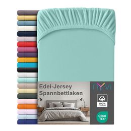 NYVI Edel Jersey Spannbettlaken Deluxe f&uuml;r Matratzen bis 25 cm Stegh&ouml;he - 100% Baumwolle supergek&auml;mmt, 140g/m&sup2;, Rundumgummizug Gr&ouml;&szlig;e:180-200 x 200 cm;Farbe:Aqua