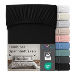 NYVI Feinbiber Spannbettlaken Deluxe f&uuml;r Matratzen bis 25 cm Stegh&ouml;he - Extra Warm & Weich, 100% Baumwolle, B&uuml;gelfrei, Vorgekrumpft Farbe:Schwarz;Gr&ouml;&szlig;e:180x200 cm