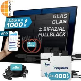 SUNNIVA&reg; 1000W Balkonkraftwerk BIFAZIAL FULLBLACK komplett Steckdose HOYMILES 2x 400 Watt Wechselrichter, PV Solaranlage Komplettset, 2x 500W N-Type Glas-Glas Bifacial Solarmodule, 2x 5m Kabel
