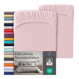 NYVI Edel Jersey Spannbettlaken Deluxe f&uuml;r Matratzen bis 25 cm Stegh&ouml;he - 100% Baumwolle supergek&auml;mmt, 140g/m&sup2;, Rundumgummizug Farbe:Rosa;Gr&ouml;&szlig;e:140-160 x 200 cm (2er Set)