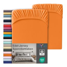 NYVI Edel Jersey Spannbettlaken Deluxe für Matratzen bis 25 cm Steghöhe - 100% Baumwolle supergekämmt, 140g/m², Rundumgummizug Farbe:Orange;Größe:180-200 x 200 cm (2er Set)