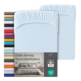 NYVI Edel Jersey Spannbettlaken Deluxe f&uuml;r Matratzen bis 25 cm Stegh&ouml;he - 100% Baumwolle supergek&auml;mmt, 140g/m&sup2;, Rundumgummizug Farbe:Hellblau;Gr&ouml;&szlig;e:90-100 x 200 cm (2er Set)