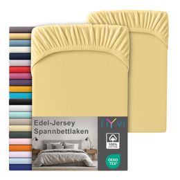 NYVI Edel Jersey Spannbettlaken Deluxe f&uuml;r Matratzen bis 25 cm Stegh&ouml;he - 100% Baumwolle supergek&auml;mmt, 140g/m&sup2;, Rundumgummizug Farbe:Gelb;Gr&ouml;&szlig;e:90-100 x 200 cm (2er Set)