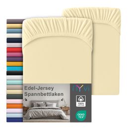 NYVI Edel Jersey Spannbettlaken Deluxe f&uuml;r Matratzen bis 25 cm Stegh&ouml;he - 100% Baumwolle supergek&auml;mmt, 140g/m&sup2;, Rundumgummizug Farbe:Vanille;Gr&ouml;&szlig;e:90-100 x 200 cm (2er Set)