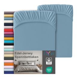 NYVI Edel Jersey Spannbettlaken Deluxe f&uuml;r Matratzen bis 25 cm Stegh&ouml;he - 100% Baumwolle supergek&auml;mmt, 140g/m&sup2;, Rundumgummizug Farbe:Stahlblau;Gr&ouml;&szlig;e:90-100 x 200 cm (2er Set)
