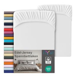 NYVI Edel Jersey Spannbettlaken Deluxe für Matratzen bis 25 cm Steghöhe - 100% Baumwolle supergekämmt, 140g/m², Rundumgummizug Farbe:Weiß;Größe:180-200 x 220 cm (2er Set)