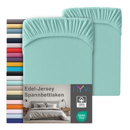NYVI Edel Jersey Spannbettlaken Deluxe f&uuml;r Matratzen bis 25 cm Stegh&ouml;he - 100% Baumwolle supergek&auml;mmt, 140g/m&sup2;, Rundumgummizug Farbe:Aqua;Gr&ouml;&szlig;e:90-100 x 200 cm (2er Set)