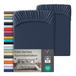 NYVI Edel Jersey Spannbettlaken Deluxe f&uuml;r Matratzen bis 25 cm Stegh&ouml;he - 100% Baumwolle supergek&auml;mmt, 140g/m&sup2;, Rundumgummizug Farbe:Marineblau;Gr&ouml;&szlig;e:140-160 x 200 cm (2er Set)