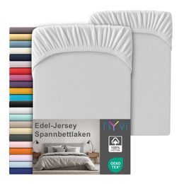 NYVI Edel Jersey Spannbettlaken Deluxe f&uuml;r Matratzen bis 25 cm Stegh&ouml;he - 100% Baumwolle supergek&auml;mmt, 140g/m&sup2;, Rundumgummizug Farbe:Silber;Gr&ouml;&szlig;e:90-100 x 200 cm (2er Set)