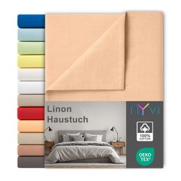 NYVI Linon Deluxe Bettlaken ohne Gummizug aus 100% atmungsaktiver Baumwolle - Betttuch auch als Sommerdecke nutzbar Farbe:Apricot;Größe:150x250 cm