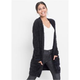 bonprix Longstrickjacke in Flauschoptik, schwarz