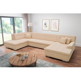 Wohnlandschaft DOMO collection "Treviso incl. Zierkissen, moderne Steppung, XXL: B/T/H: 364/201/83 cm", beige (creme), B:364cm H:83cm T:201cm, 100% Polyester;Microfaser-Primabelle (100% Polyester) / Struktur (90% Polyester; 10% Polyacryl), Sofas, Wohnlandschaft, wahlweise mit Bettfunktion, in vielen Bezugsarten auch in Cord U-Form