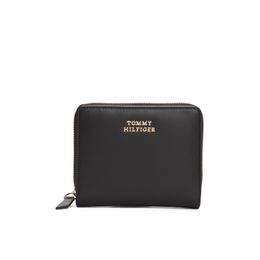 Geldbörse Tommy Hilfiger "TH LEATHER SLG MED ZA FLAP", Damen, schwarz, Leder, unifarben, Kleinlederwaren, Damen-Geldbeute, Portemonnaie mit goldenem Logo-Schriftzug