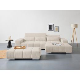 Ecksofa COTTA "Orion L-Form", beige, B:307cm H:73cm T:186cm, 100% Polyester, Sofas, Ecksofa, mit 2x Kopfteilverstellung & 3 Nierenkissen