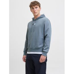 Jack & Jones Kapuzensweatshirt JACK & JONES "JJPAN SWEAT HOOD", Herren, Gr. S, grau (stormy weather), angeraute Sweatware, Obermaterial: 60% Baumwolle, 40% Polyester, bedruckt, regular fit, Rundhals, Rippb&uuml;ndchen, Sweatshirts