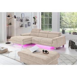 Ecksofa COTTA "Komaris L-Form, B: 244 cm", beige, B:244cm H:72cm T:166cm, Microfaser PRIMABELLE (100% Polyester);Kunstleder SOFTLUX(100%Polyurethan);Feinstruktur (100% Polyester);Kunstleder SOFTLUX/Struktur (100%Polyurethan, 90%Polyester, 10% Polyacryl), Sofas, Ecksofa, mit Kopfteilverstellung, optional Bettfunktion, Bettkasten & Licht, Topseller