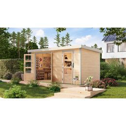 Gartenhaus Karibu ""Merkur A"", beige (naturbelassen, weiß), ohne Fußboden, ohne Dacheindeckung, Holz, Stahl, Gartenhäuser, langlebige Kombination aus Holz- und Metallelementen