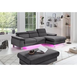 Ecksofa COTTA "Komaris L-Form, B: 244 cm", grau, B:244cm H:72cm T:166cm, Microfaser PRIMABELLE (100% Polyester);Kunstleder SOFTLUX(100%Polyurethan);Feinstruktur (100% Polyester);Kunstleder SOFTLUX/Struktur (100%Polyurethan, 90%Polyester, 10% Polyacryl), Sofas, Ecksofa, mit Kopfteilverstellung, optional Bettfunktion, Bettkasten & Licht, Topseller