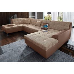 Wohnlandschaft DOMO collection "Treviso incl. Zierkissen, moderne Steppung, XXL: B/T/H: 364/201/83 cm", braun (braun, beigebraun), B:364cm H:83cm T:201cm, Kunstleder Softlux / Struktur (90% Polyester; 10% Polyacryl);Microfaser-Primabelle (100% Polyester) / Struktur (90% Polyester; 10% Polyacryl), Sofas, Wohnlandschaft, wahlweise mit Bettfunktion, in vielen Bezugsarten auch in Cord U-Form