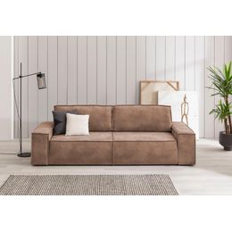 3-Sitzer Home Affaire "SHERWOOD Schlafsofa (257cm) Cord, Samtvelours, Vintage-Lederoptik", braun (cognac), B:257cm H:85cm T:106cm, 100% Polyester, Sofas, Schlaffunktion mit Bettkasten (ca. 136/200cm)