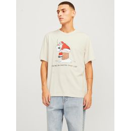 Jack & Jones Rundhalsshirt JACK & JONES "JJXMAS FUNNY TEE SS CREW NECK", Herren, Gr. M, gelb (moonbeam), Single Jersey, Obermaterial: 100% Baumwolle, bedruckt, normal, Rundhals, gerader Abschluss, Shirts