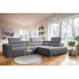 Ecksofa exxpo - SOFA FASHION "Elianos, hoher Sitzkomfort, aufwendige Kreuzsteppung im Sitz, L-Form", grau, B:307cm H:73cm T:201cm, Sofas, Ecksofa, Kopfteile & Sitztiefe verstellbar, mit Bettfunktion, Cord, grey