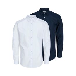 Jack & Jones Langarmhemd JACK & JONES "JJJOE SHIRT LS 2 PACK MP", Herren, Gr. S, N-Gr, navy blazer detail:pack w wei&szlig;, slim, Web, Obermaterial: 65% Polyester, 35% Baumwolle, unifarben, slim fit normal, Hemden