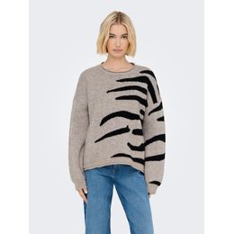 Rundhalspullover Only "ONLJADE PATTERN LS O-NECK EX KNT", Damen, Gr. L, schwarz (pumice stone pattern:schwarz zebra), Strick, Obermaterial: 81% Polyacryl, 19% Polyester, animal-print, gemustert, regular fit normal, Rundhals, Rippstrickbündchen, Pullover