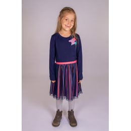 Jerseykleid happy girls, M&auml;dchen, Gr. 98, N-Gr, blau (navy), Jersey, Obermaterial: 95% Baumwolle, 5% Elasthan. Futter: 100% Polyester. Unterteil: 100% Polyester, gestreift, kontrastfarbene Details, unifarben, figurbetont kniebedeckend, Rundhals, Kleider Jerseykleid, mit angesetztem Rock im Streifen-Look