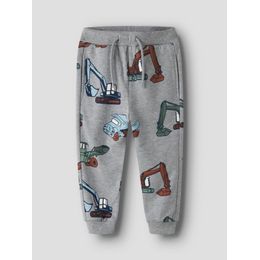 Sweathose name it "NMMNENEAN SWE PANT BRU PB", Jungen, Gr. 128, N-Gr, grau (grau melange), Web, Obermaterial: 100% Baumwolle, bedruckt, regular fit knöchellang, Hosen