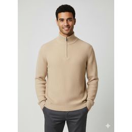 Troyer Selected Homme "SLHTHEO LS KNIT STRUCTURE HALF ZIP D", Herren, Gr. L, beige (oatmeal), Strick, Obermaterial: 100% Baumwolle, unifarben, regular fit, Rippbündchen, Pullover