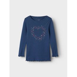 Longtop name it "NMFNIMMA LS SLIM TOP", M&auml;dchen, Gr. 104, blau (blau indigo), Jersey, Obermaterial: 100% Baumwolle, bedruckt, slim fit normal, Rundhals, Tops