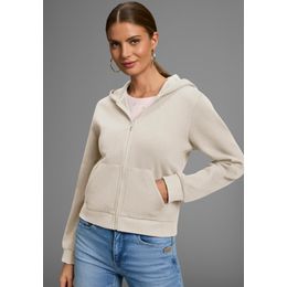 Kapuzensweatjacke DELMAO, Damen, Gr. 44/46, beige, Sweatware, Obermaterial: 60% Baumwolle, 40% Polyester. B&uuml;ndchen: 95% Baumwolle, 5% Elasthan, unifarben, bequem, B&uuml;ndchen, Sweatjacken, mit Rei&szlig;verschluss, Kapuze & K&auml;ngurutasche