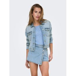 Jeansjacke Only "ONLLUMI LS RHINESTONE JACKET DNM PIM", Damen, Gr. S, blau (light blau denim), Denim/Jeans, Obermaterial: 100% Baumwolle, gl&auml;nzend, unifarben, Jacken Jeansjacke